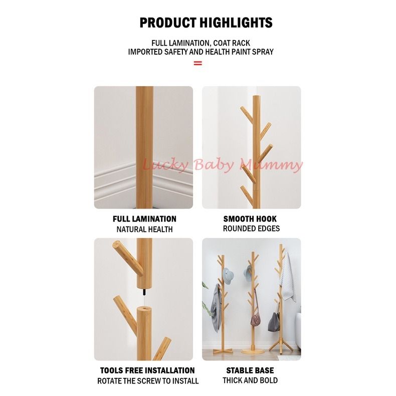 Solid Wood Standing Clothes Hanger Hat Free Stand Coat Rack Wooden Coat ...