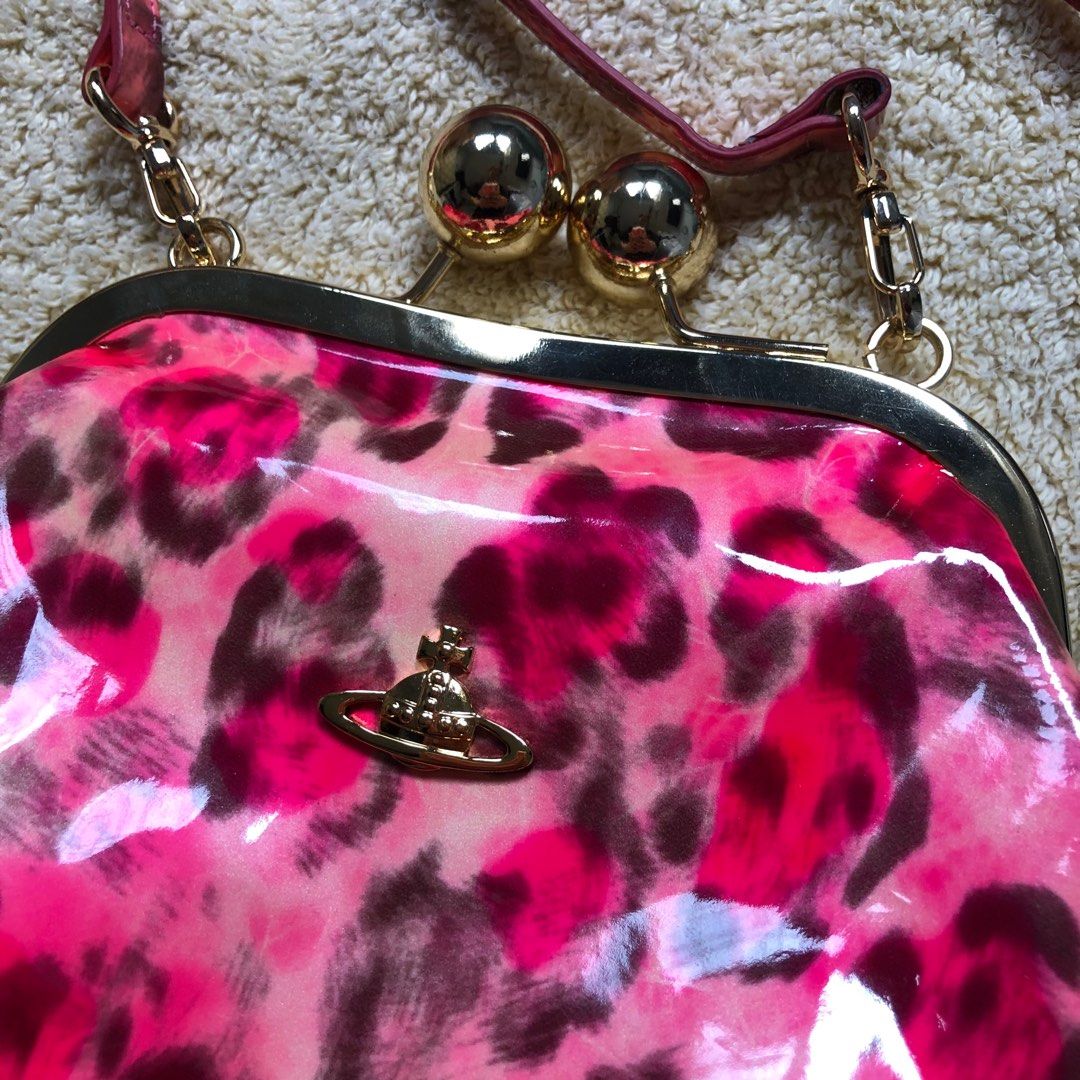 Vivienne Westwood Pink Leopard Print Patent Leather Kisslock Sling Bag ...