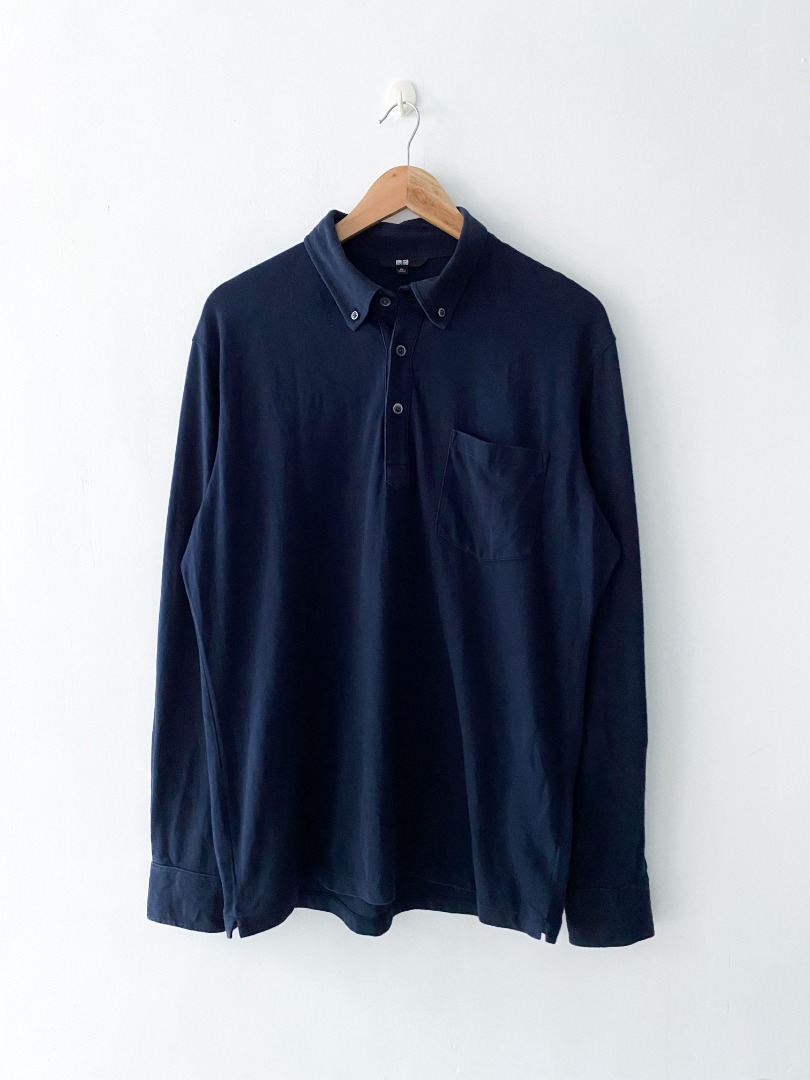 Authentic Uniqlo Navy blue Pique Polo Long-Sleeve, Men's Fashion, Tops ...