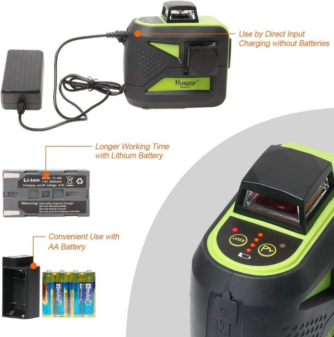 Huepar 360 Laser Level Green 602CG, Cross Line with Pulse Mode, Triple ...