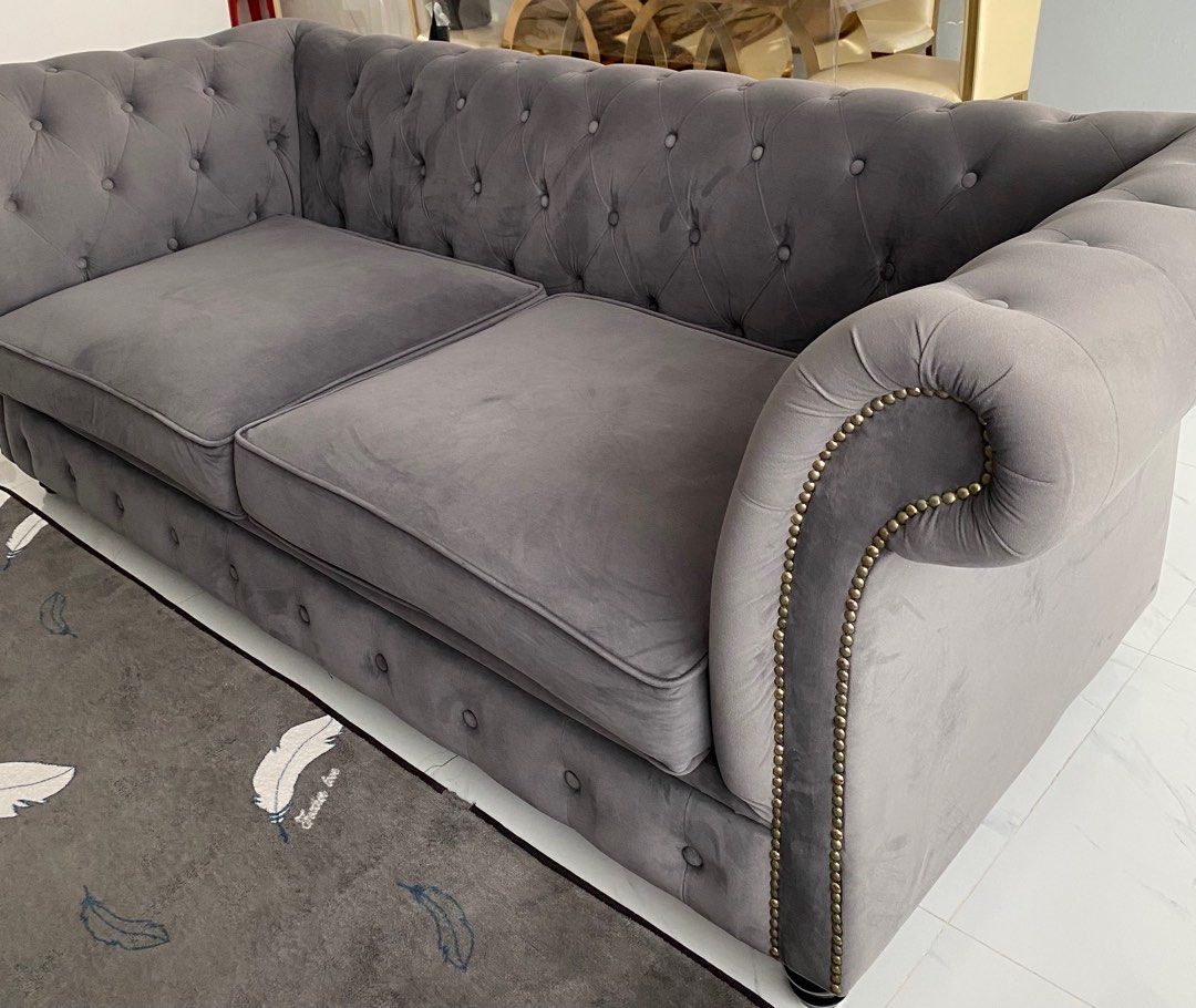 Luxury Chesterfield Sofa (Grey), Furniture & Home Living, Furniture ...