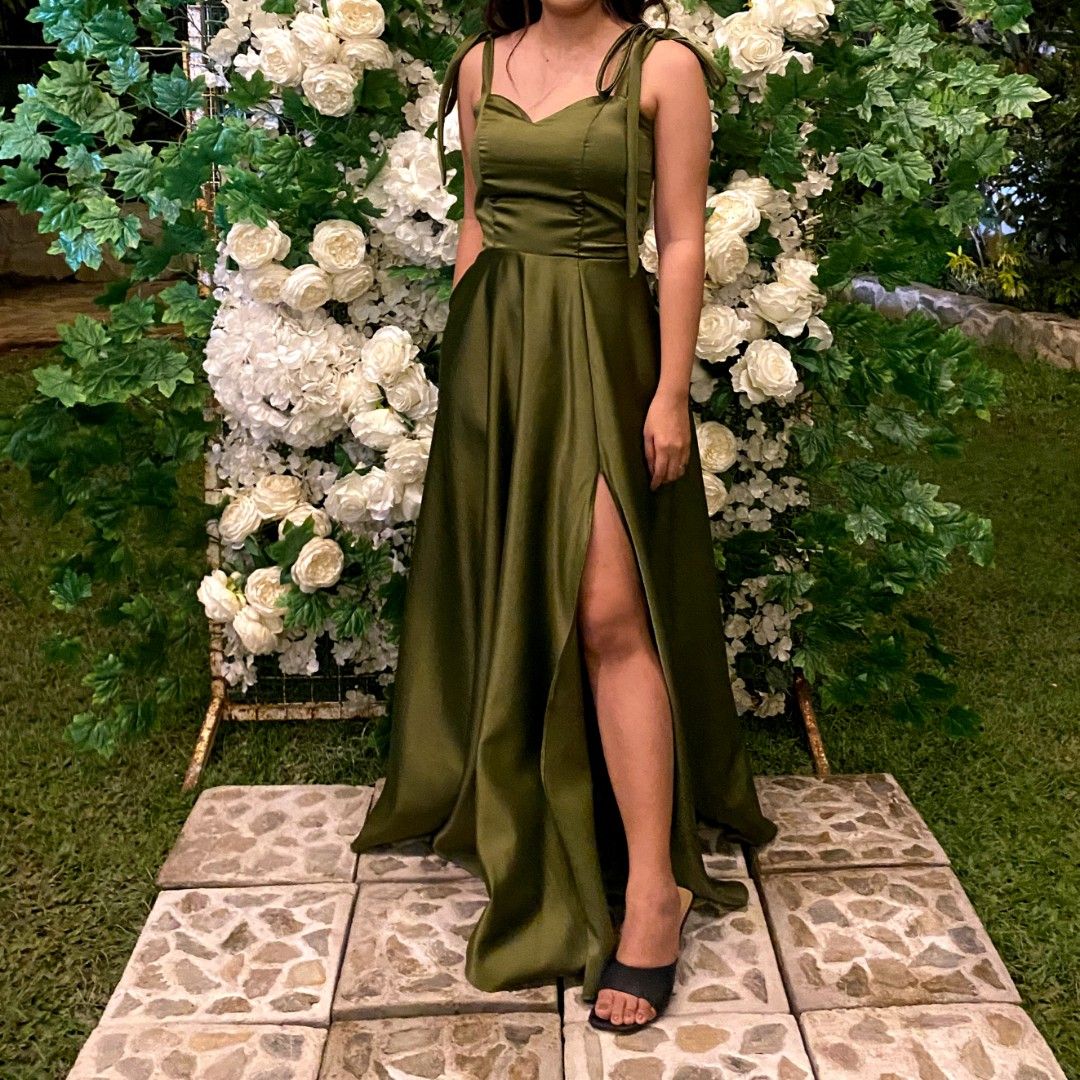  FOR RENT Olive Green Long Gown With Slit Women s Fashion Dresses