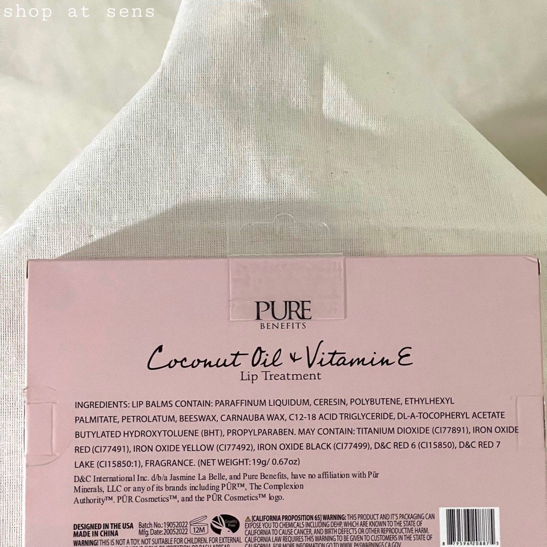 PURE Benefits Coconut Oil + Vitamin E Lip Treatment, Beauty & Personal ...