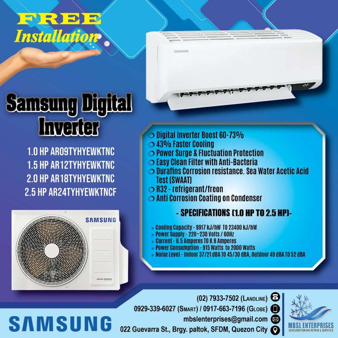 SAMSUNG STANDARD INVERTER SPLIT TYPE AIRCON WITH FREE INSTALLATION, TV ...