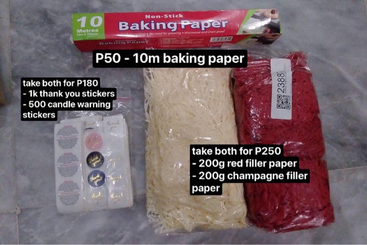 Thank you stickers, candle warning label, baking paper, shredded ...