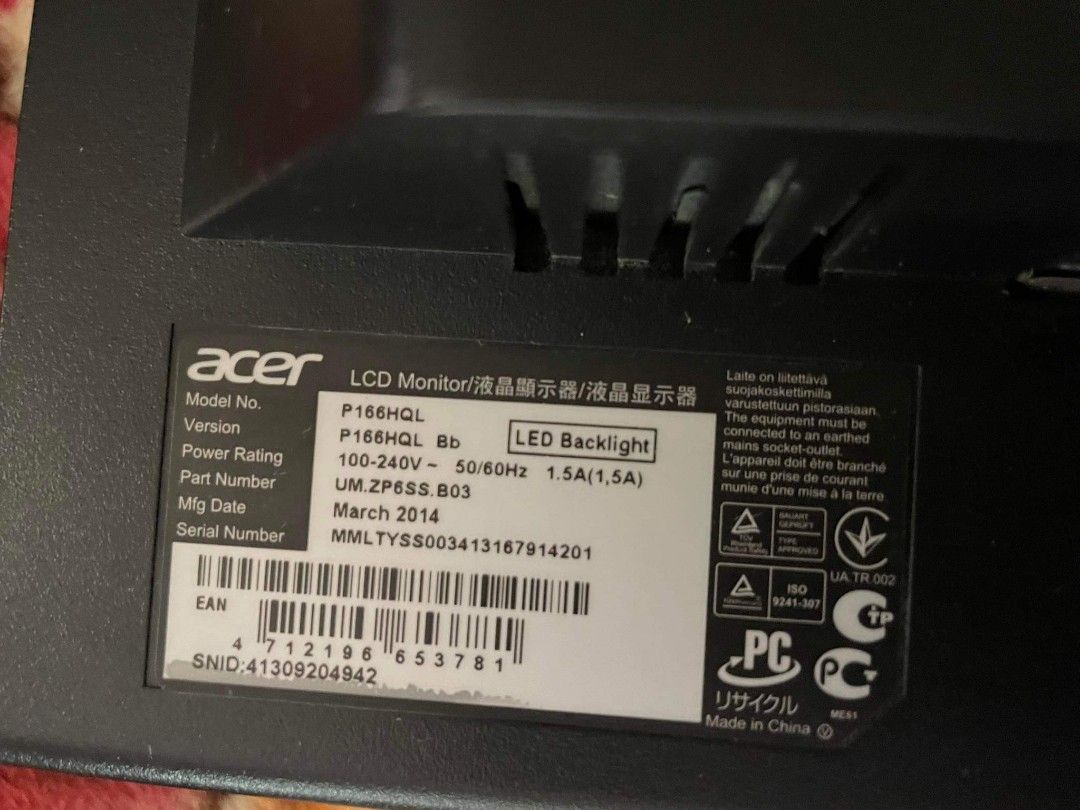 Acer P166HQL 15.6" Monitor, Computers & Tech, Parts & Accessories ...