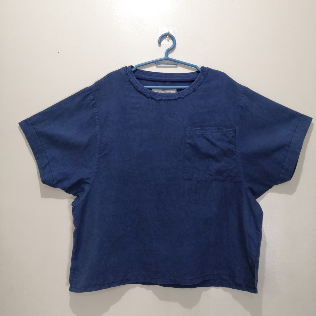 C907 - Initial Blue Linen-like Oversize Top with Frayed Edges Accent on ...