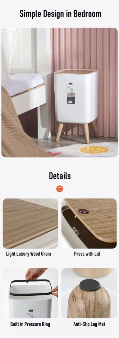 Feidash Japanese Style Trash Bin Dustbin Square Lid Indoor Waste Bin ...