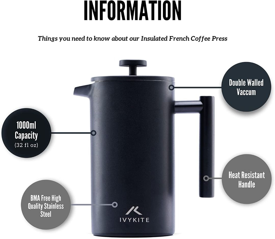 Ivykite 1l Stainless Steel French Press - Insulated Cafetiere With ...