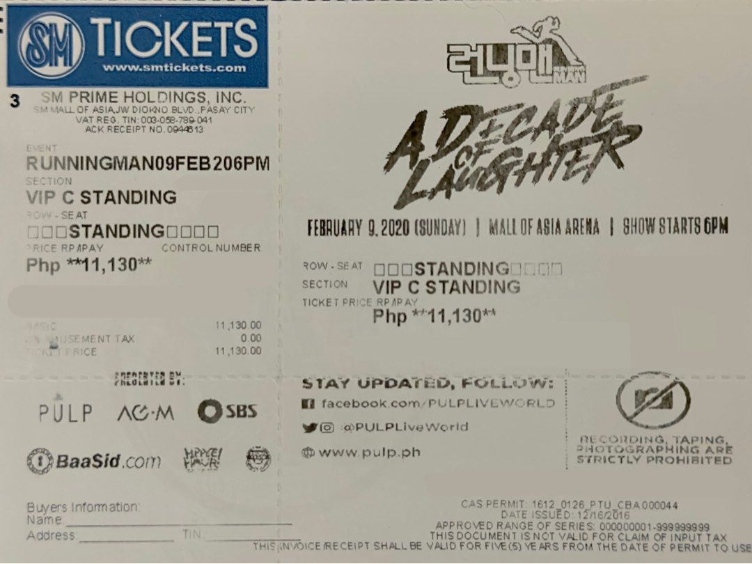 Running Man 'A Decade of Laughter ' VIP C STANDING TICKET, Tickets ...