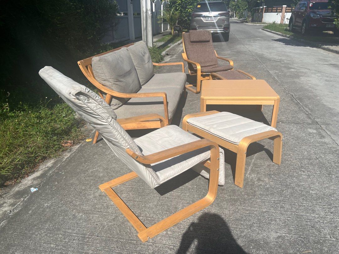 Scandenavian style 3 seater sofa and IKEA racking chairs with ottoman ...