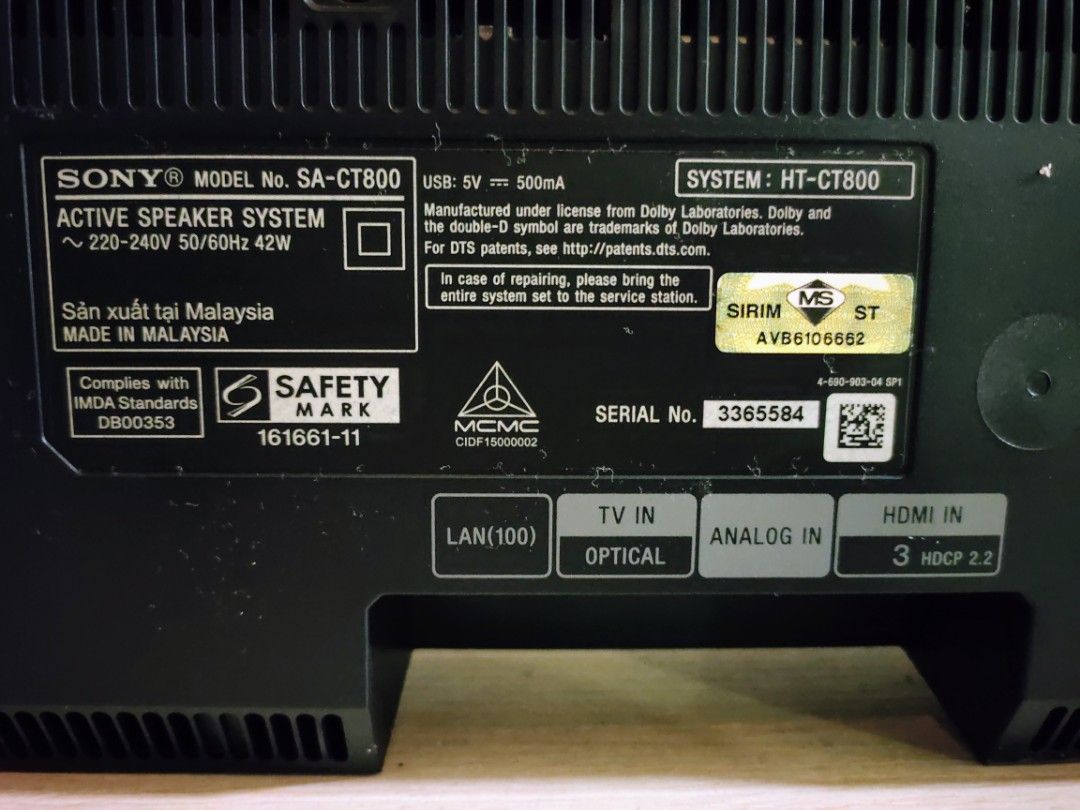 SONY Sound Bar Active Speaker System (SA-CT800), Audio, Soundbars ...