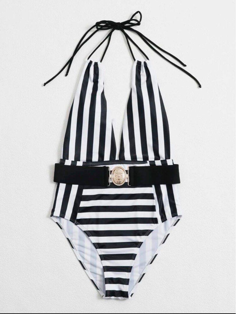 Striped Plunging One Piece Swimsuit Womens Fashion Swimwear Bikinis