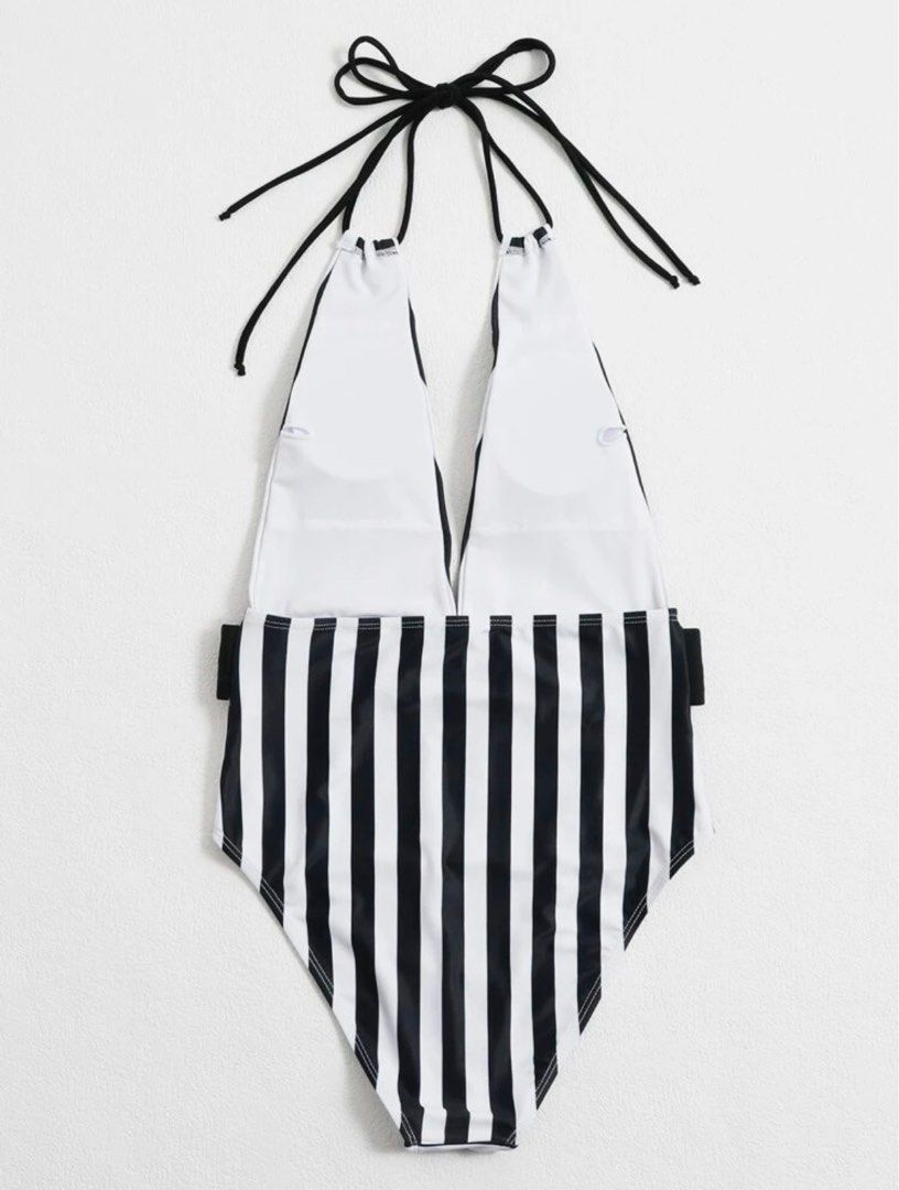 Striped Plunging One Piece Swimsuit Womens Fashion Swimwear Bikinis