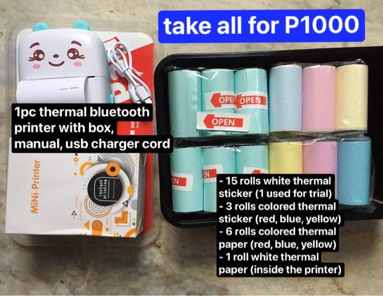 TAKE ALL bluetooth thermal printer, 25 rolls of white and colored ...