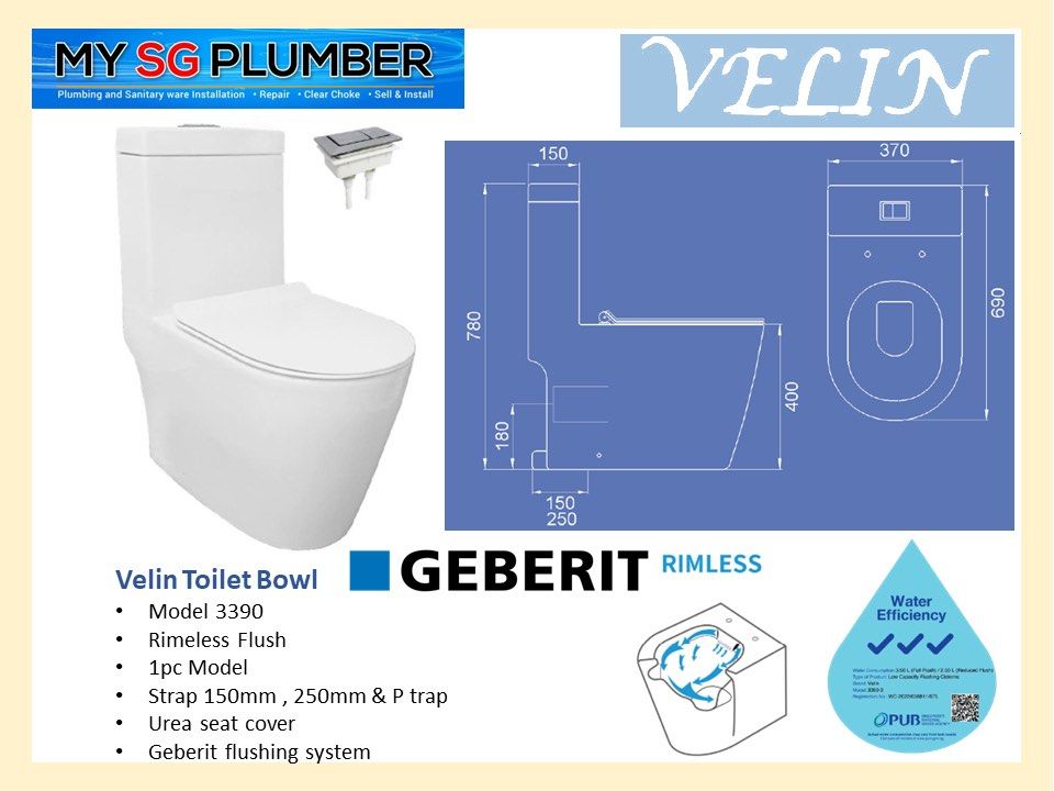 VELIN 3390 RIMLESS TOILET BOWL WITH GEBERIT FLUSHING SYSTEM, Furniture ...