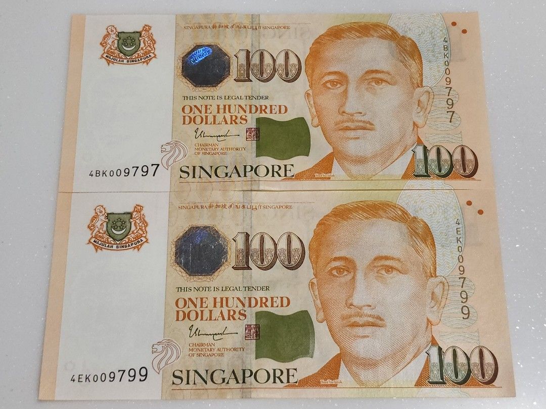 009797, 009799 Fancy number with 7 & 9 $100 Singapore portrait series ...