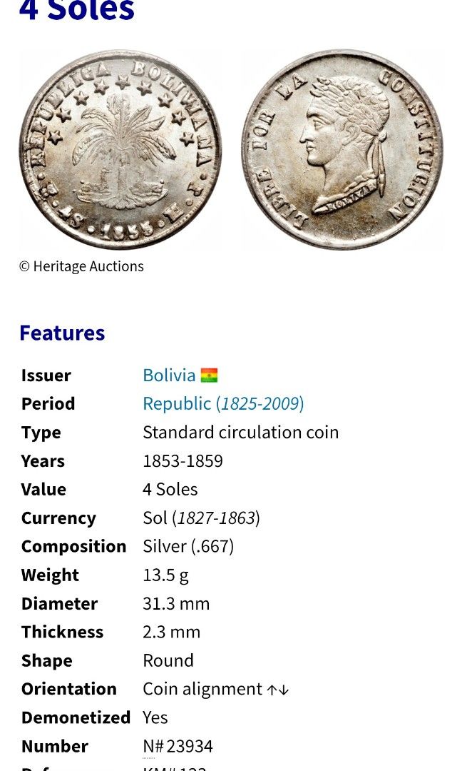 1855 PTS MJ Bolivia 4 Soles - Simon Bolivar ( 31.6mm silver.667), Hobbies & Toys, Collectibles ...