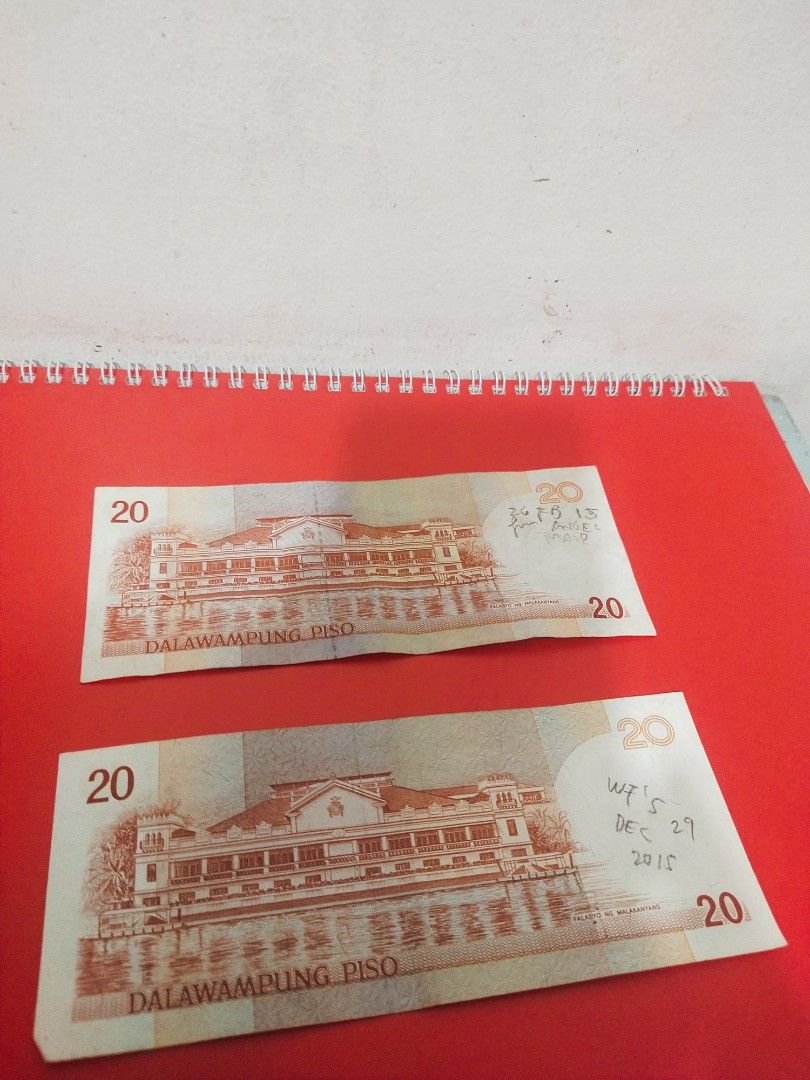 2 vintage 20-Peso bills/with BLUE serial numbers/yrs 2000 & 2001 ...