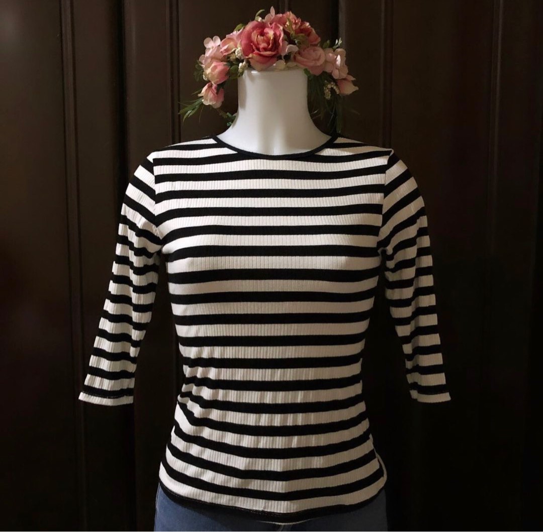 Bayo Black and White Striped Ribbed Top, Women's Fashion, Tops ...