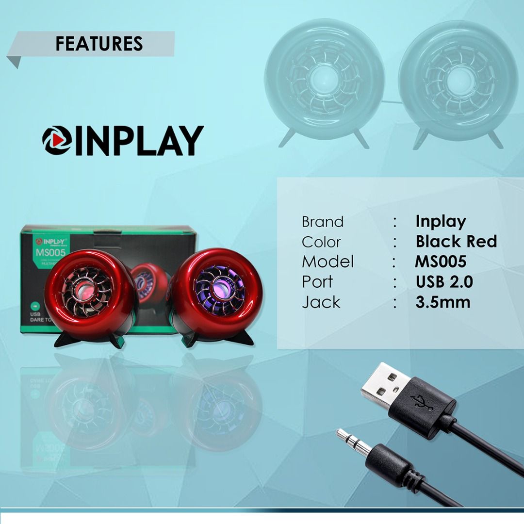INPLAY MS005 BLACK RED, MINI SPEAKER RGB USB 2.0 CHANNEL MULTIMEDIA, 3.5mm AUDIO JACK PLUG ...