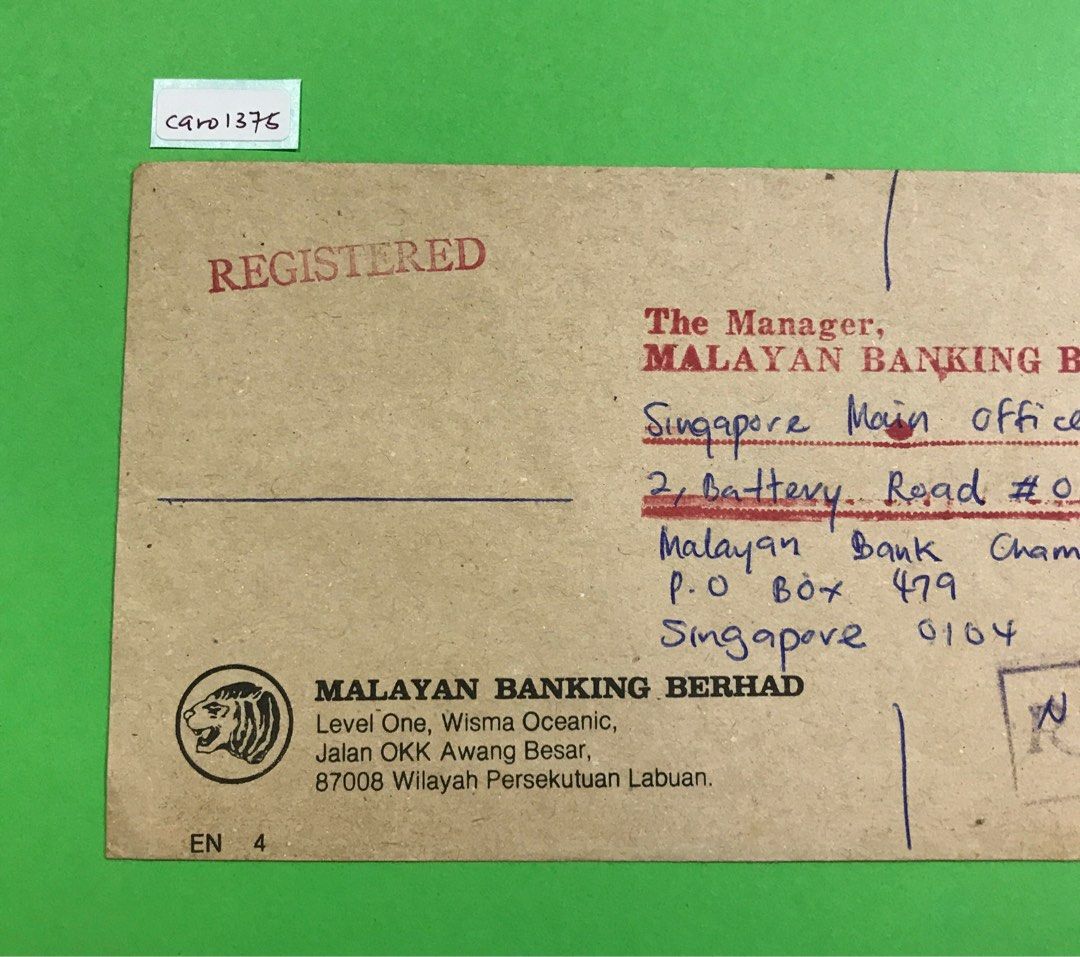 Labuan Malaysia registered mail no. 1666 to Singapore, postmark 23 Sep ...