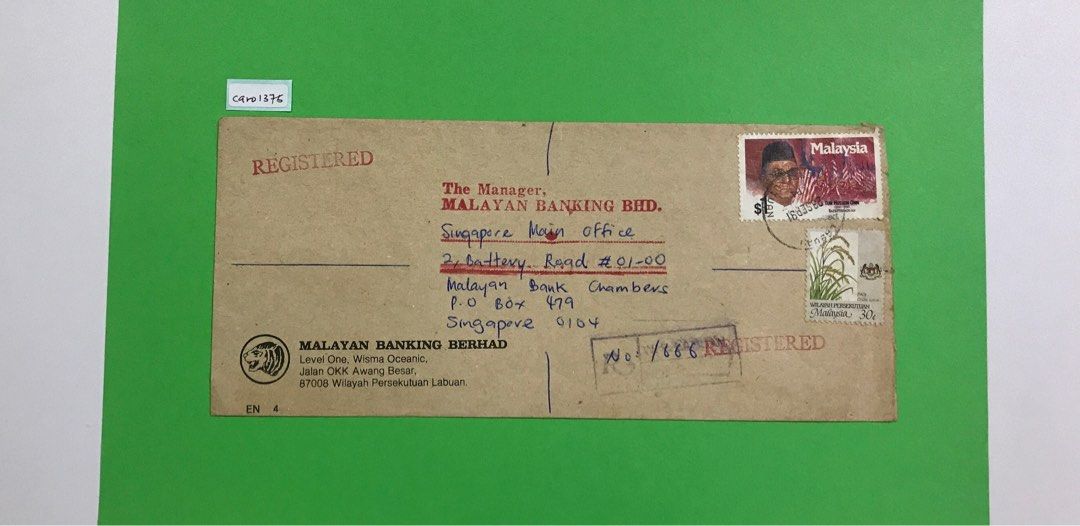 Labuan Malaysia registered mail no. 1666 to Singapore, postmark 23 Sep ...