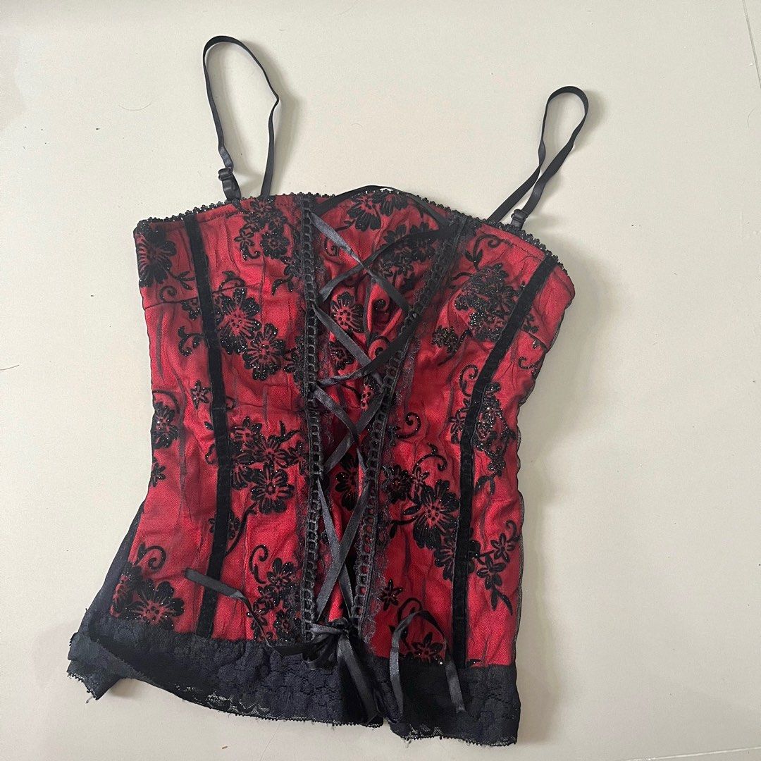 red coquette alt grunge goth victorian y2k corset top, Women's Fashion ...