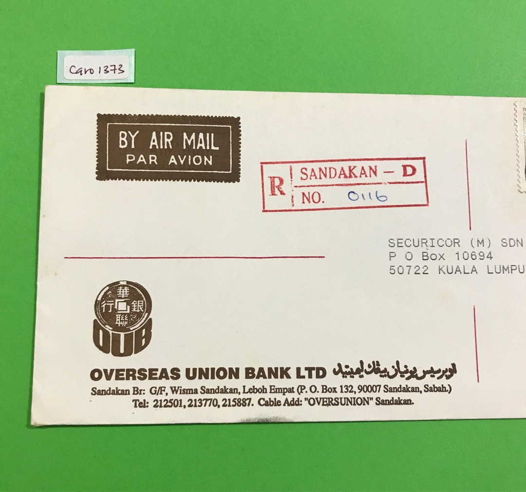 Sandakan Sabah registered airmail no. 0116 to Kuala Lumpur, Overseas ...