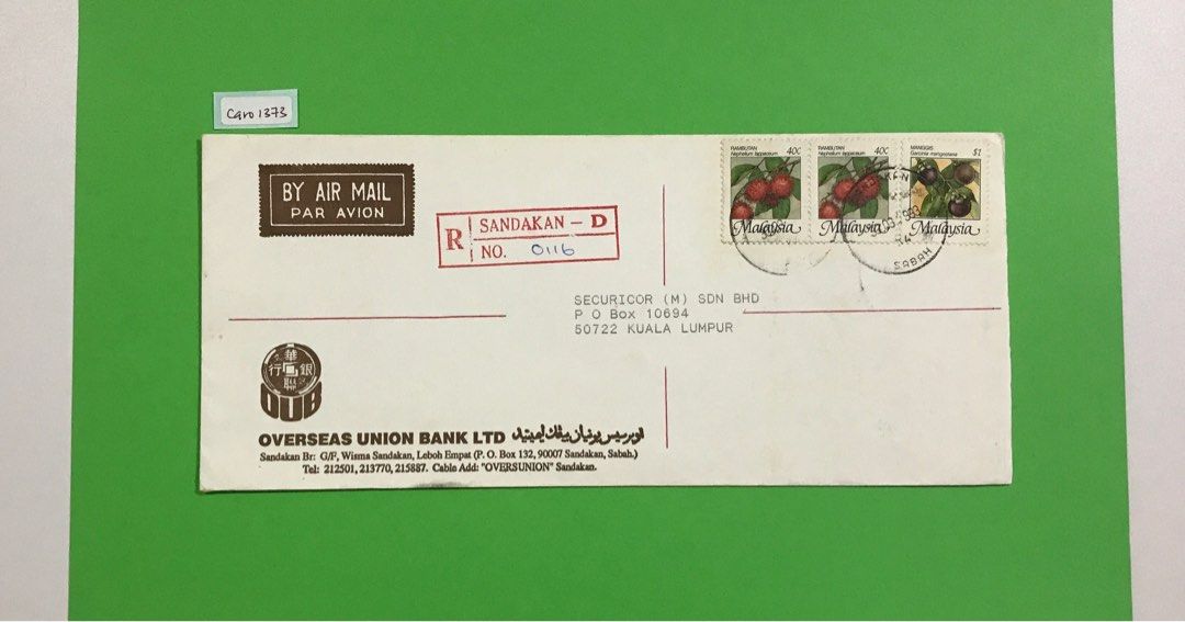 Sandakan Sabah registered airmail no. 0116 to Kuala Lumpur, Overseas ...
