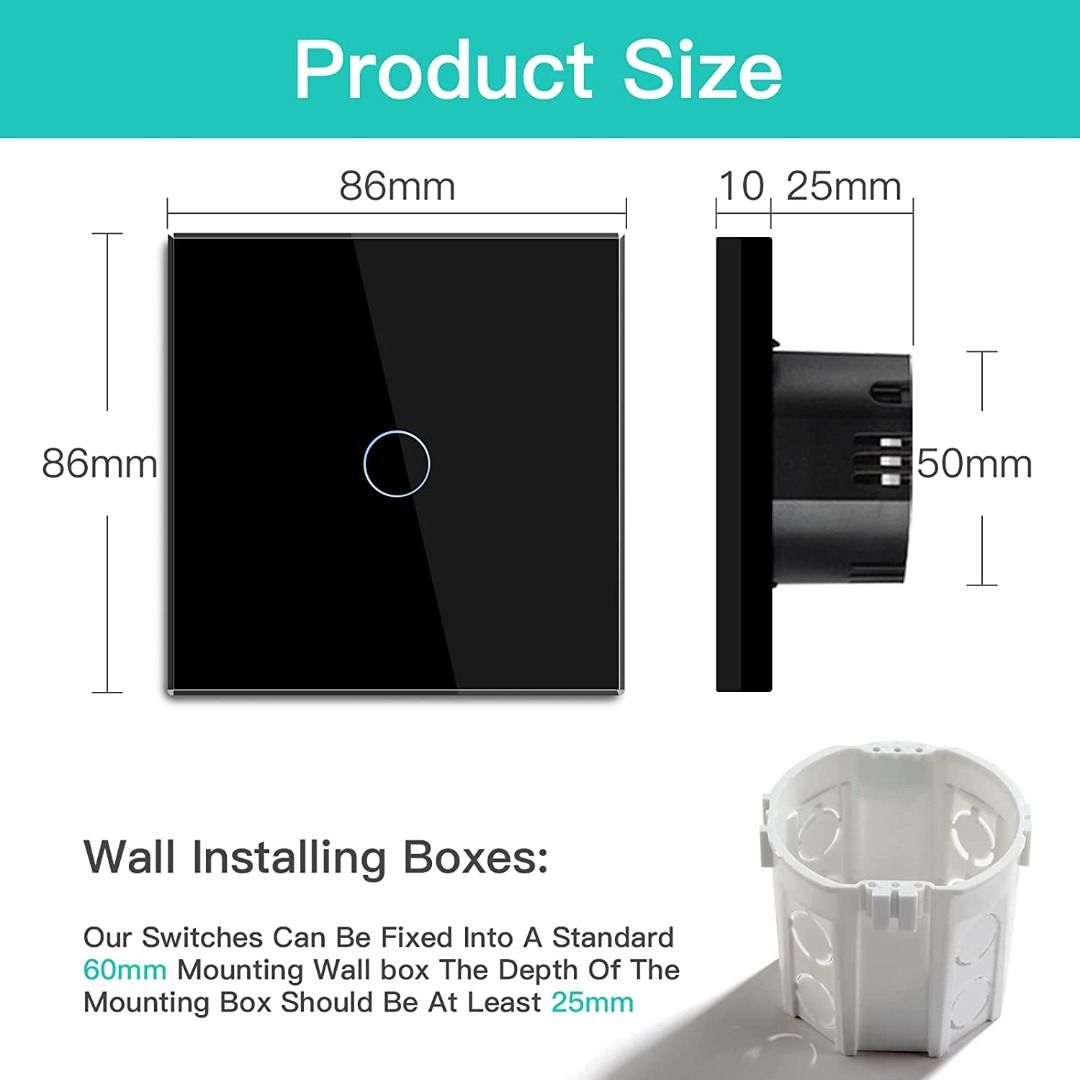 BSEED Touch Light Switch 1 Gang 1 Way, Tempered Glass Panel Light ...