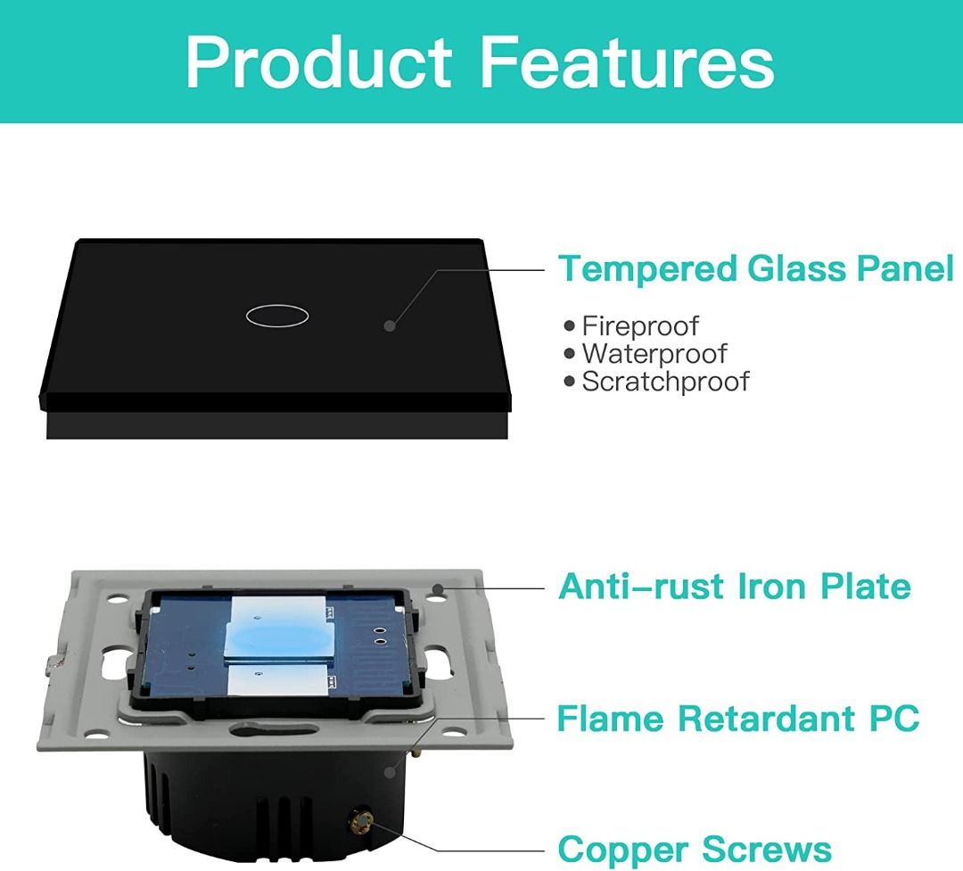 BSEED Touch Light Switch 1 Gang 1 Way, Tempered Glass Panel Light ...