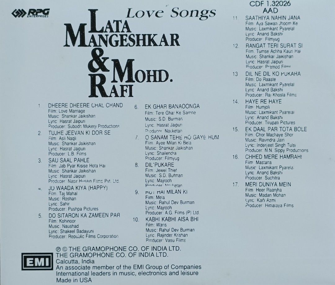 Lata Mangeshkar & Mohd Rafi LOVE SONGS Hindi CDR, Hobbies & Toys, Music ...