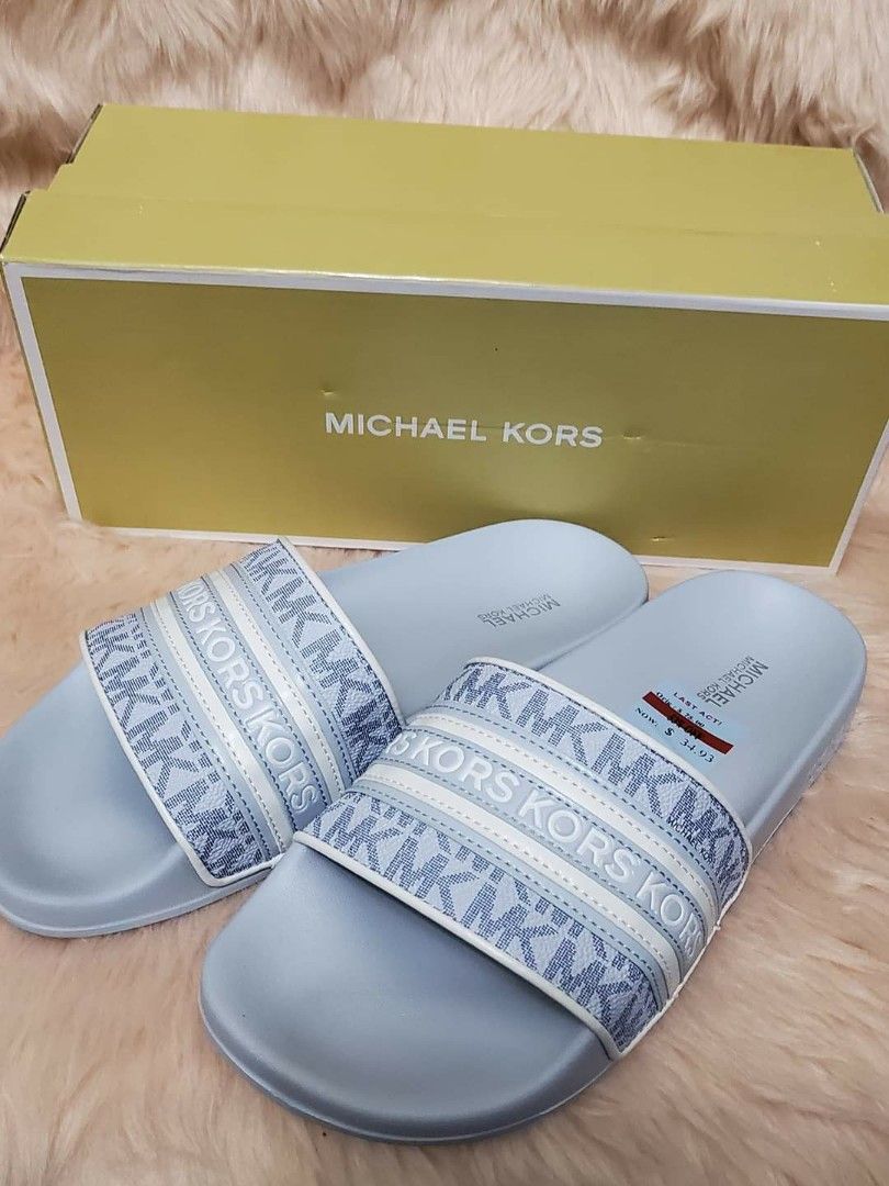 Michael Kors Gilmore Slides Soft Sky Blue MK Logo, Women's Fashion ...