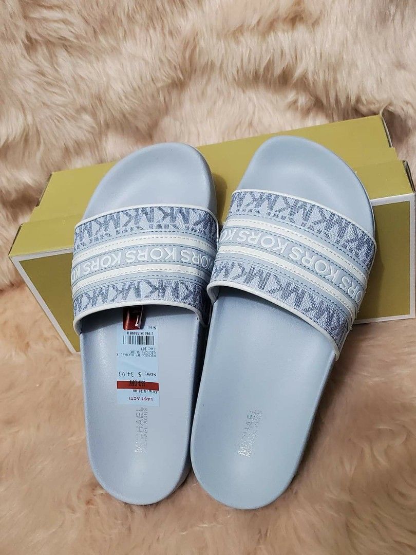 Michael Kors Gilmore Slides Soft Sky Blue MK Logo, Women's Fashion ...