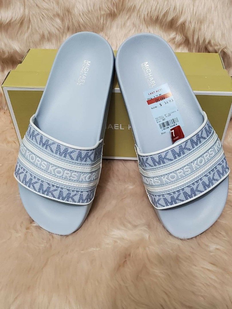 Michael Kors Gilmore Slides Soft Sky Blue MK Logo, Women's Fashion ...