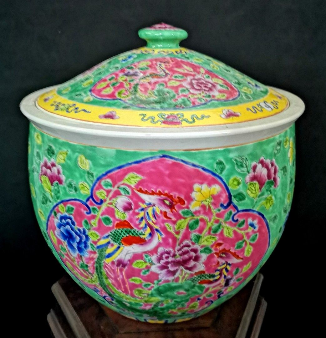 Peranakan Nonya Nyonya Green Rice Container Hand Painted, Furniture ...