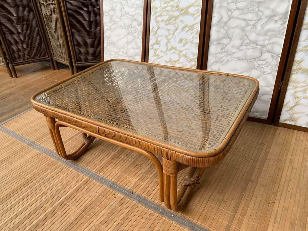 Rattan Center Table 37L x 26W x 15H in Solid wood Glass top, Furniture ...