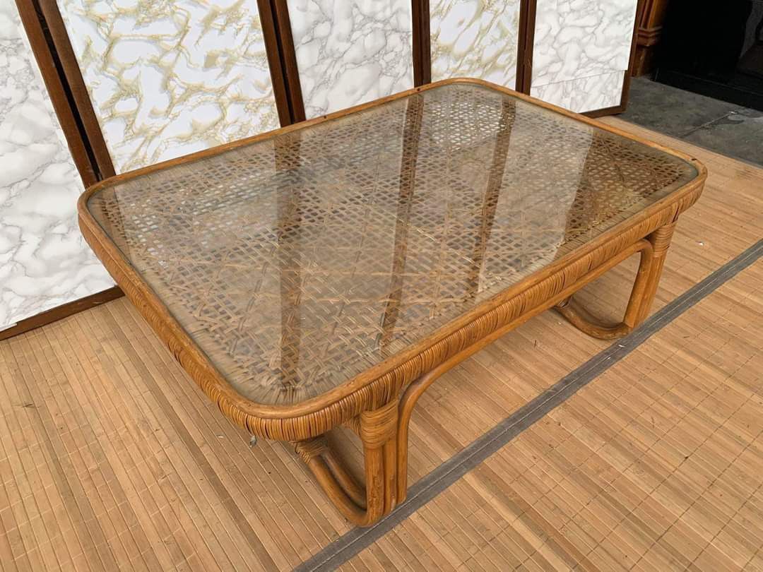 Rattan Center Table 37L x 26W x 15H in Solid wood Glass top, Furniture ...