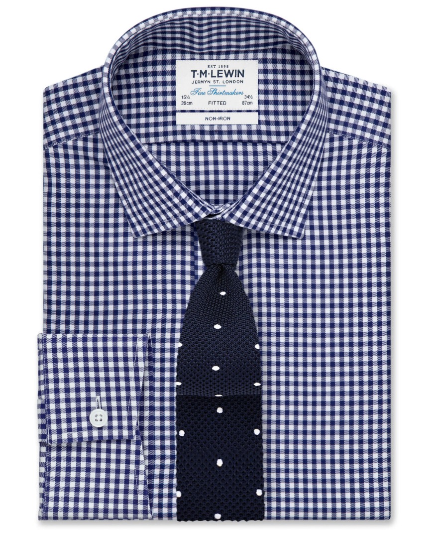 T.M. Lewin Non-Iron Navy Gingham Fitted Shirt, Men's Fashion, Tops ...