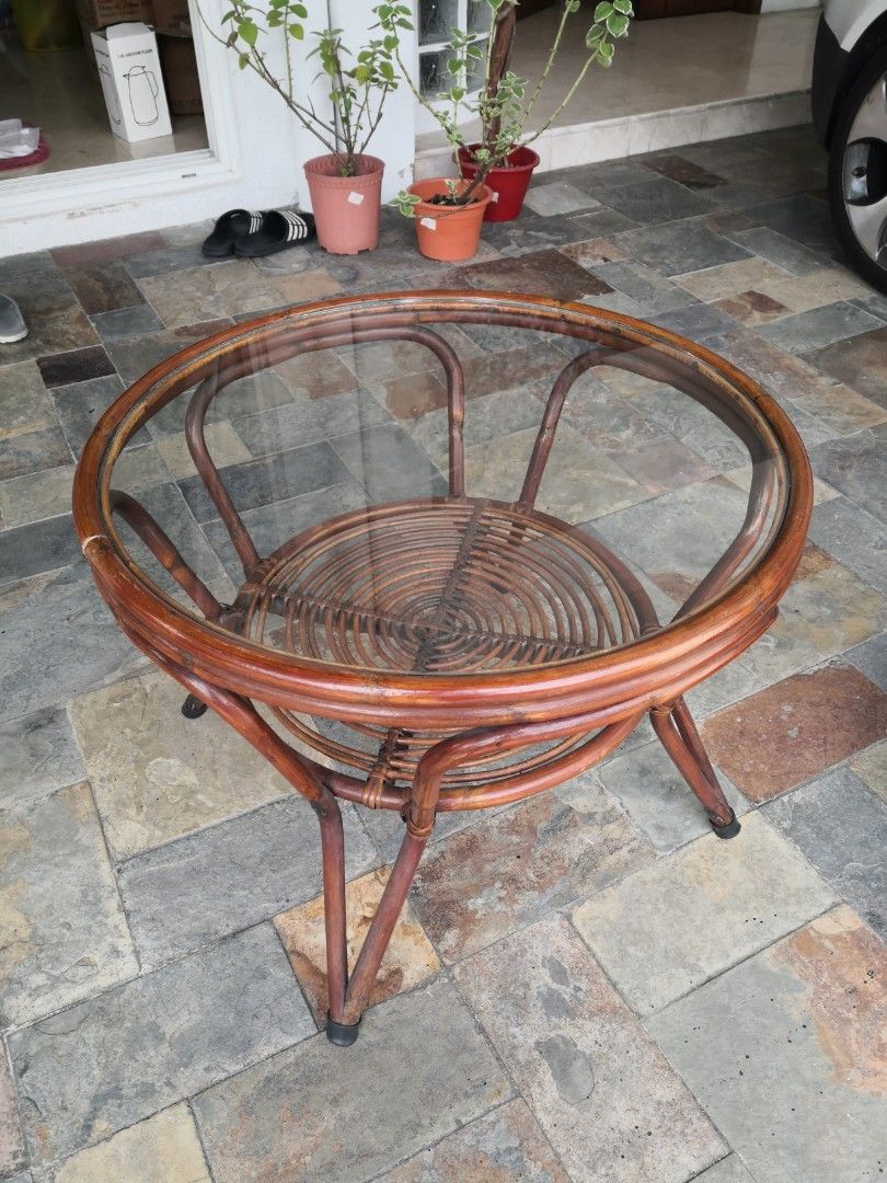 Vintage 1970s round cane table with glass, Furniture & Home Living ...