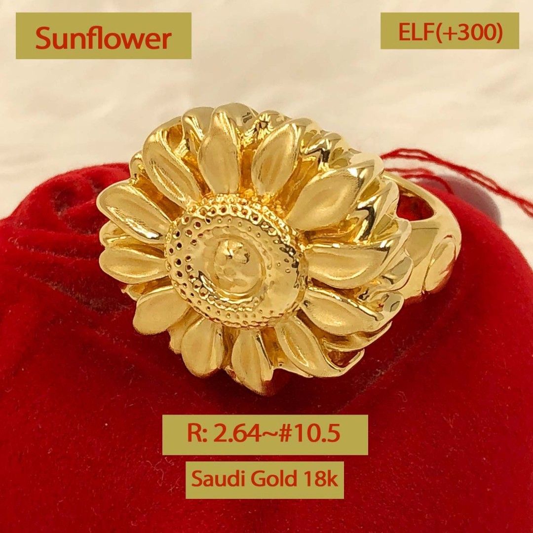 18k Saudi Gold Rings Sunflower Wide, Women's Fashion, Jewelry ...