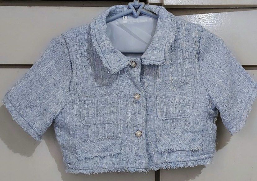 Blue Tweed Top, Women's Fashion, Tops, Blouses on Carousell
