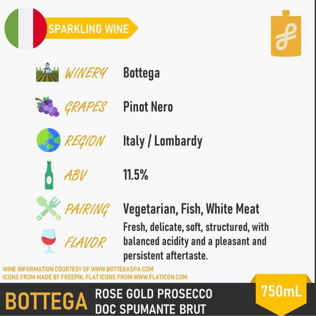 Bottega rose gold brut rose sparkling wine, Health & Nutrition, Health ...
