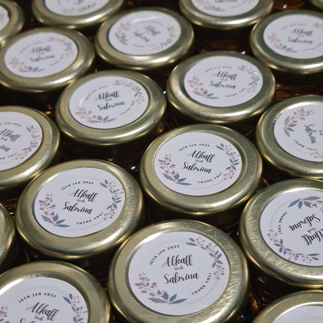 Halal honey jar with customise sticker and organza bag, Food & Drinks ...