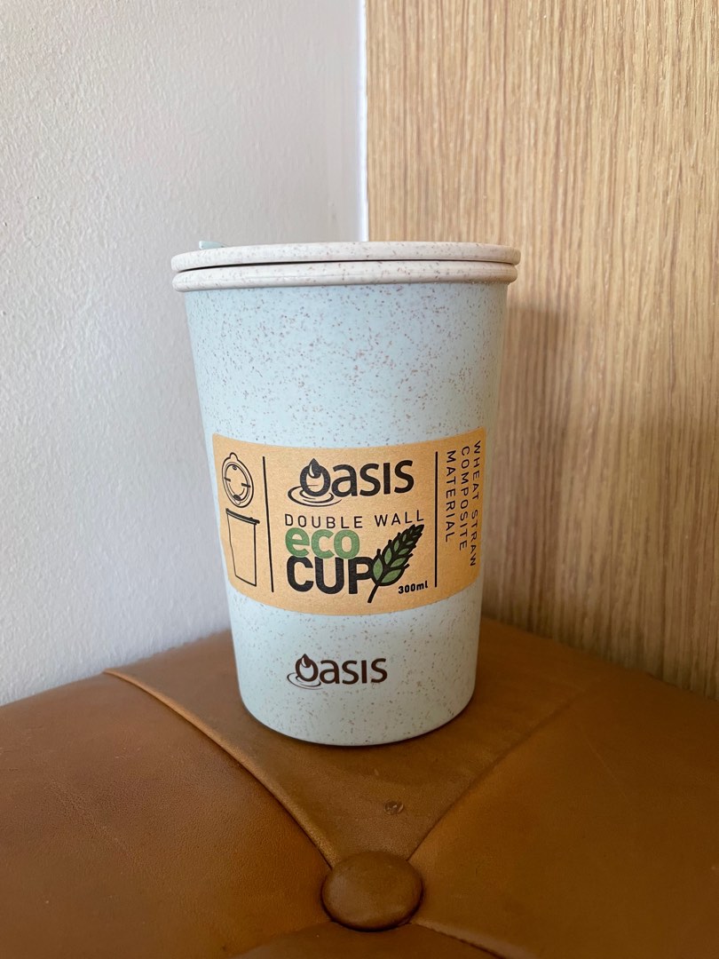 Oasis double wall eco cup 300ml - BPA-free, dishwasher safe (blue cup with lid, wheat straw ...