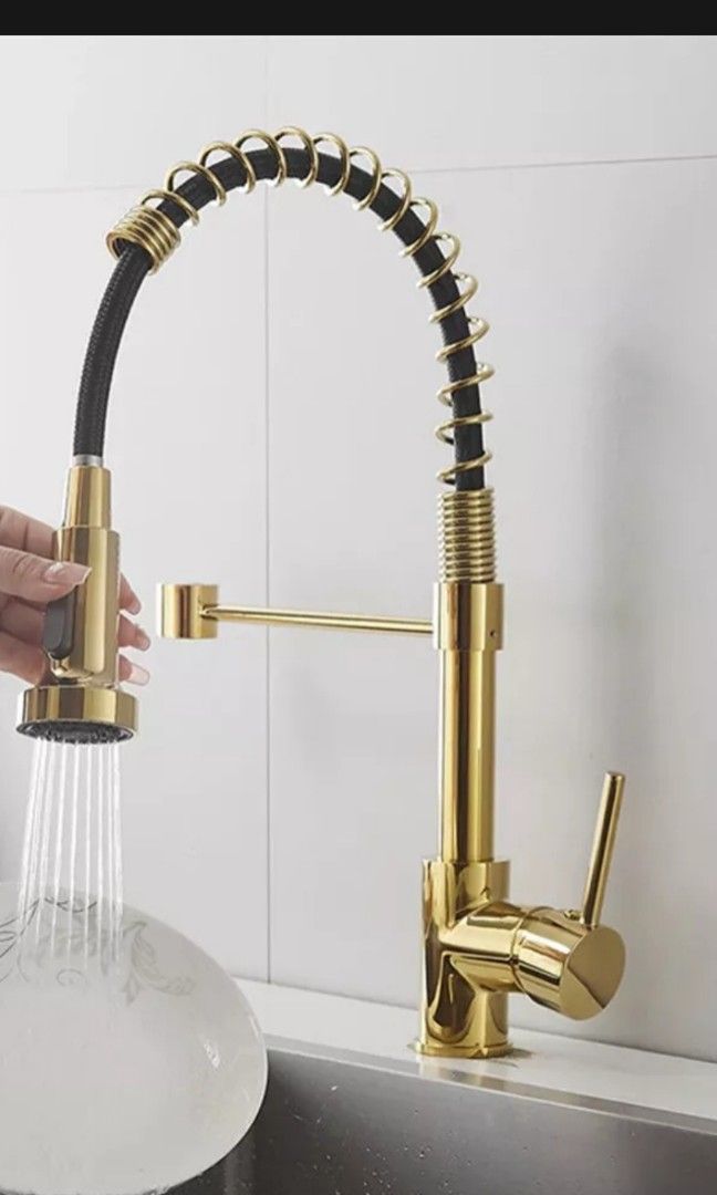 (Ready stock) Gold mixer spring faucet, Furniture & Home Living ...