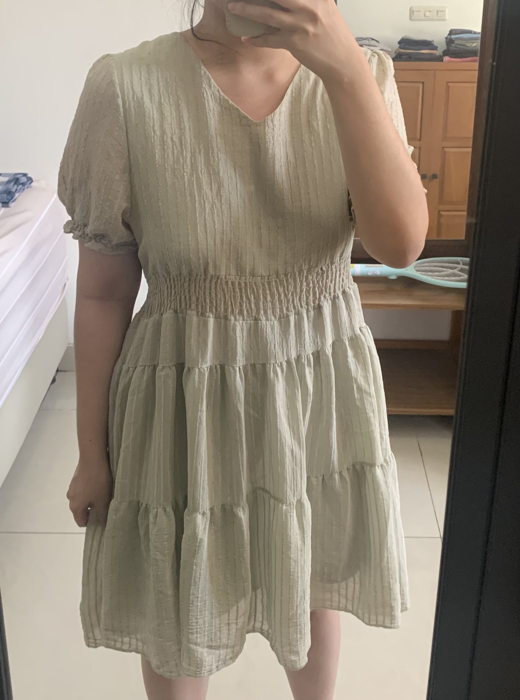 #imlek2023 Sage green midi Dress V neck korean korea pattern stripes ...