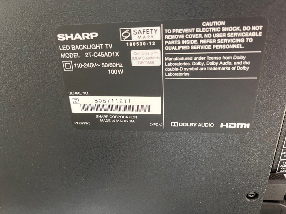 SHARP 2TC45AD1X 45 IN FULL HD LED TV, TV & Home Appliances, TV ...