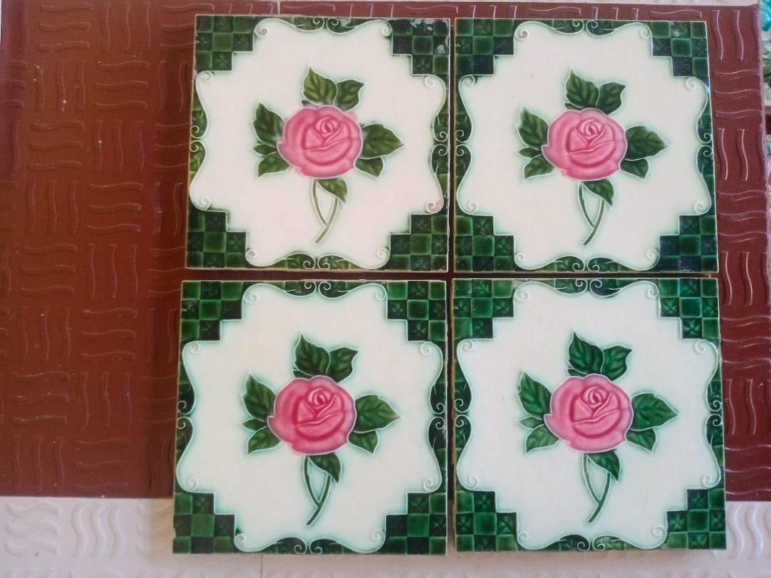 SINGLE RED ROSE , GREEN BORDER - PERANAKAN BABA NYONYA - VINTAGE ...